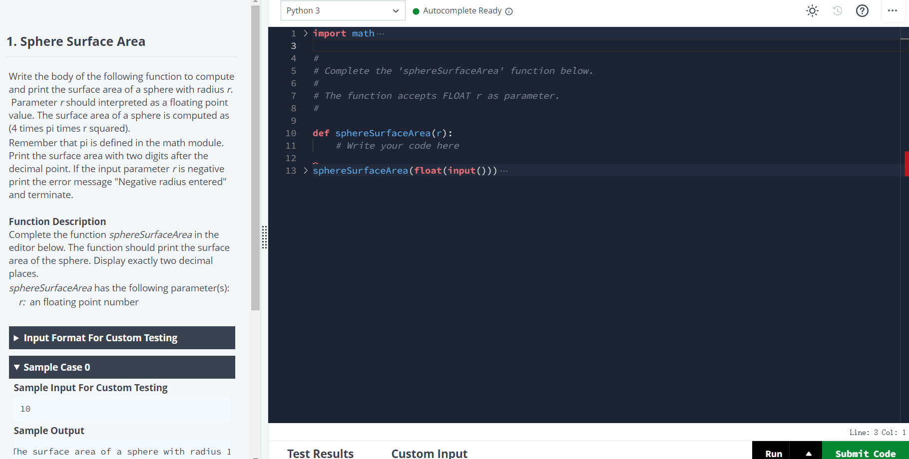 Solved Python 3 Autocomplete Ready O ? 1. Sphere Surface | Chegg.com