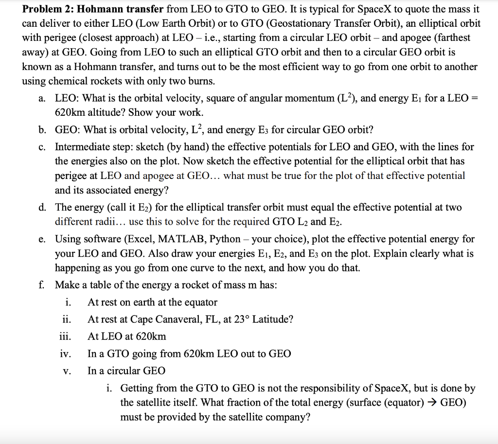 Problem 2: Hohmann transfer from LEO to GTO to GEO. | Chegg.com