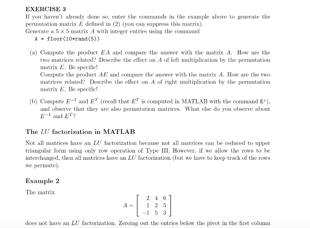 MAT 343 Laboratory 3 The LU Factorization In this | Chegg.com