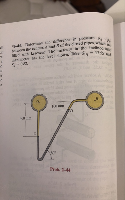 Solved 2-44. Determine the difference in pressure PA P | Chegg.com