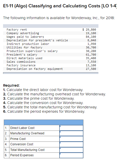 Solved E1-11 (Algo) Classifying and Calculating Costs [LO | Chegg.com