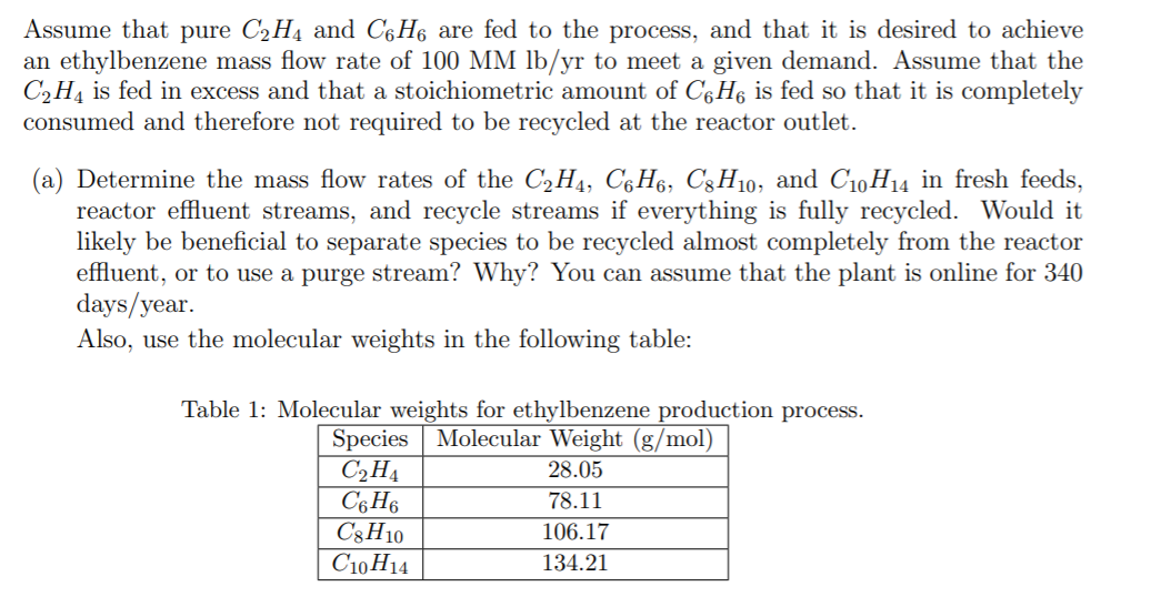It is desired to produce ethylbenzene (C3H10) from | Chegg.com