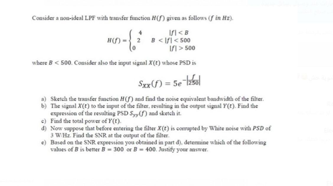 Solved Consider a non-ideal LPF with transfer function () | Chegg.com