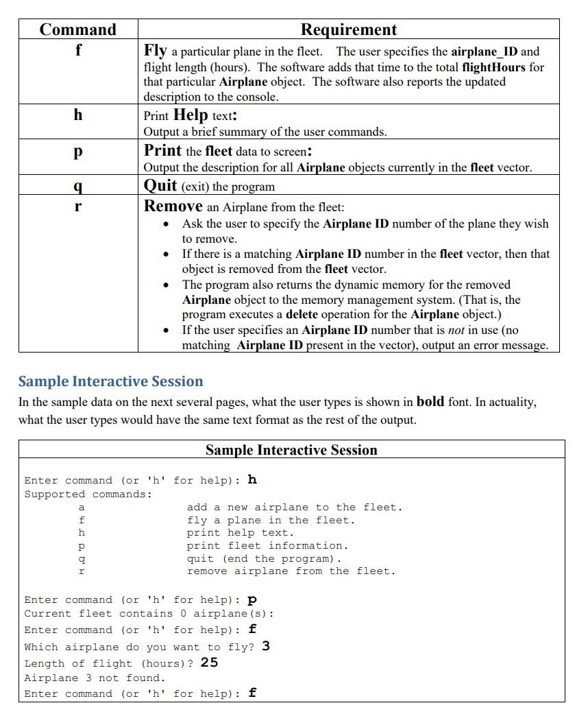 Solved Airplane Fleet Application Program This project | Chegg.com