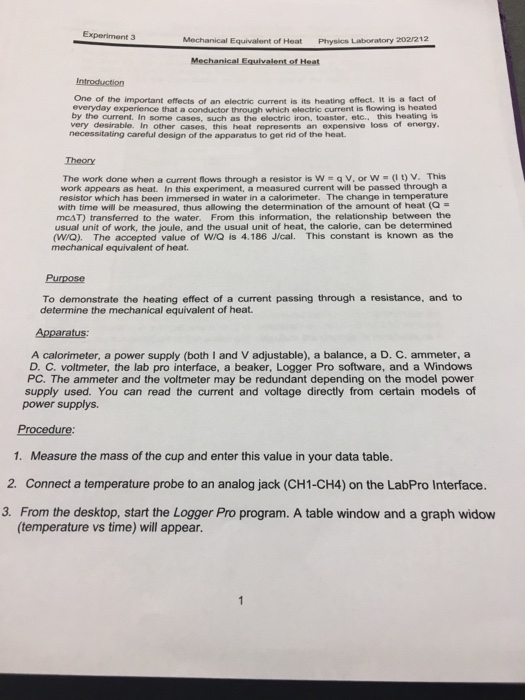 Solved Experiment 3 Mechanical Equivalent of Heat Physics | Chegg.com