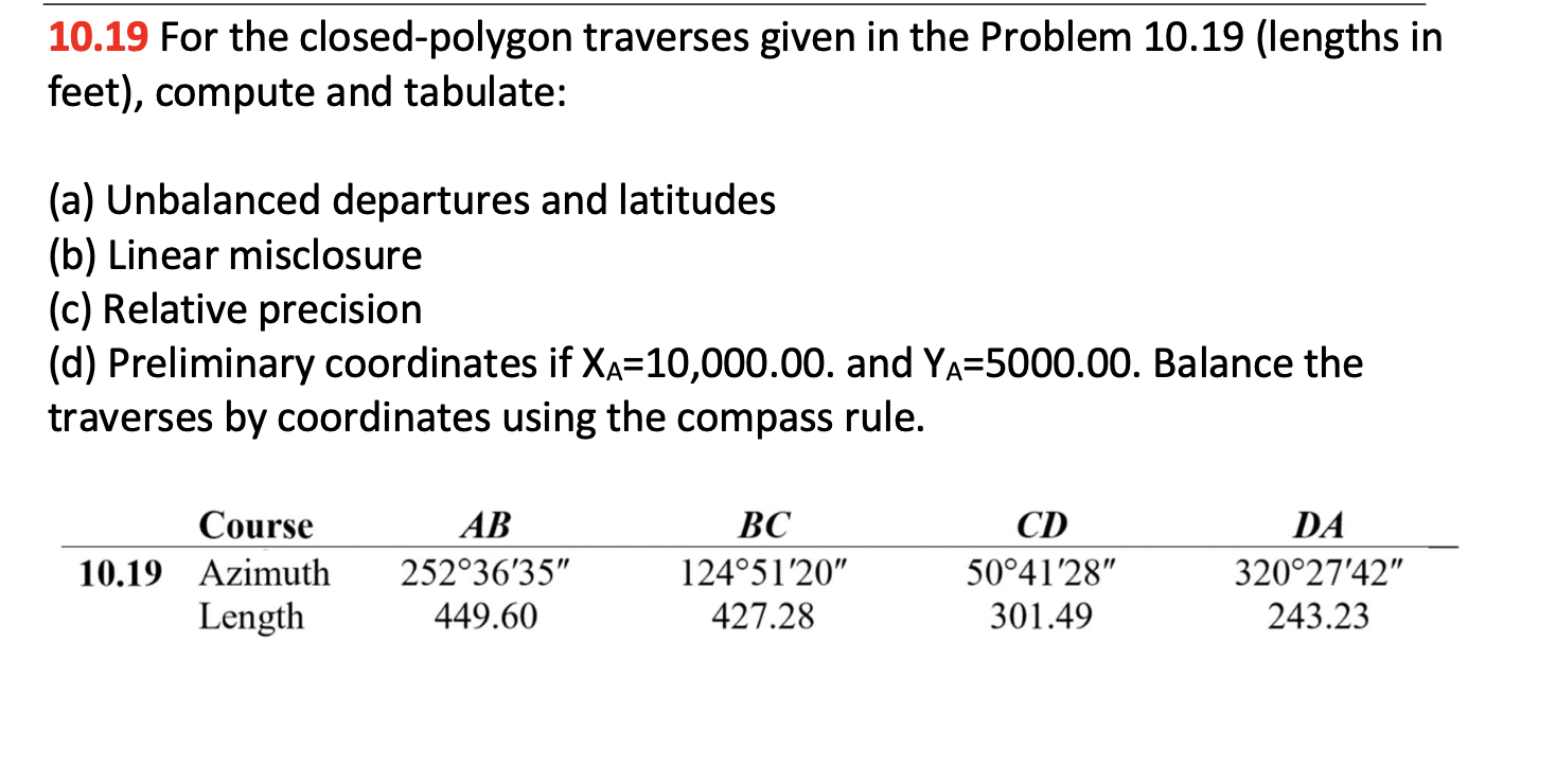 Solved 10.19 For the closed-polygon traverses given in the | Chegg.com