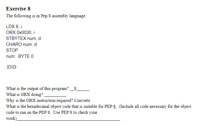 Exercise 8 The following is in Pep/8 assembly | Chegg.com