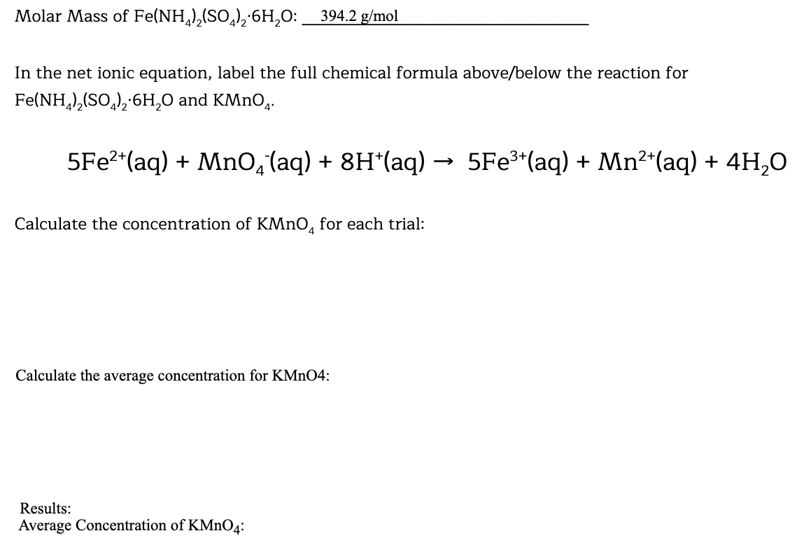 Solved Molar Mass of Fe(NH,)2(SO4)2:6H20: 394.2 g/mol In the | Chegg.com