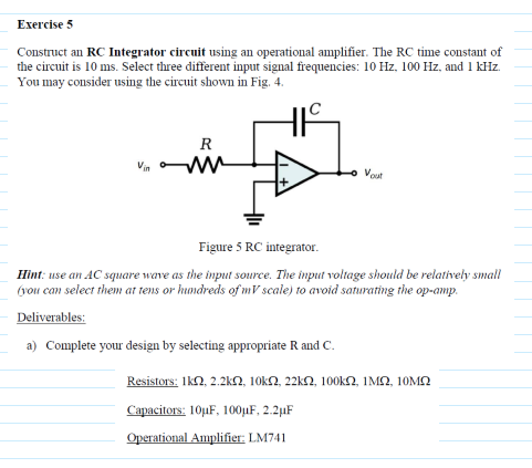 Solved Exercise 5 Construct an RC Integrator circuit using | Chegg.com