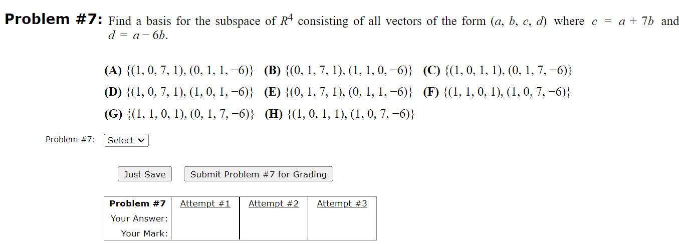 Solved Problem #7: Find a basis for the subspace of R4 | Chegg.com