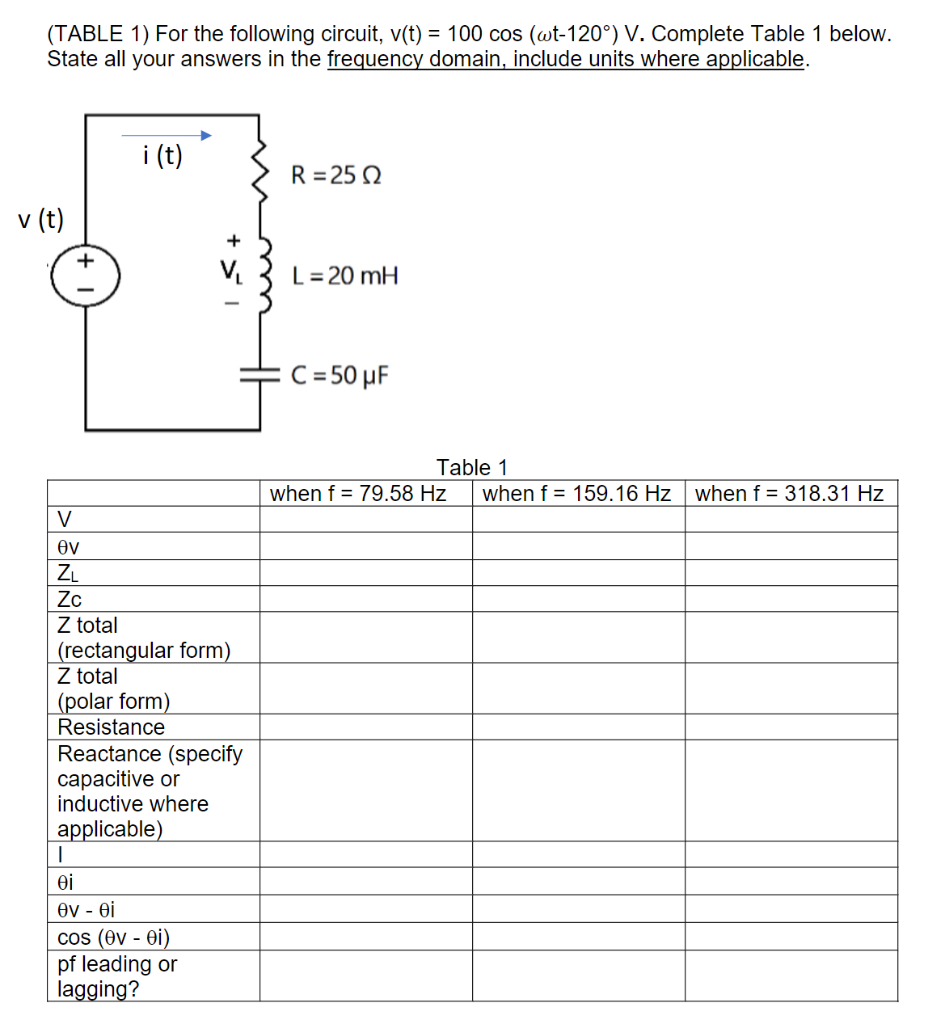 Solved (TABLE 1) For the following circuit, | Chegg.com