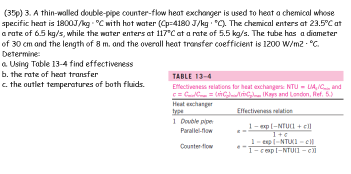 Solved (35p) 3. A thin-walled double-pipe counter-flow heat | Chegg.com