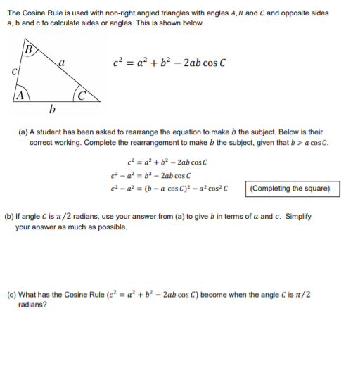 Solved The Cosine Rule is used with non-right angled | Chegg.com