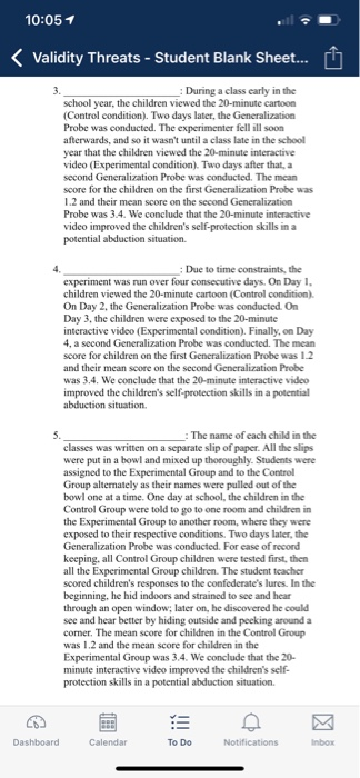 10:05イ Validity Threats - Student Blank Sheet... T | Chegg.com