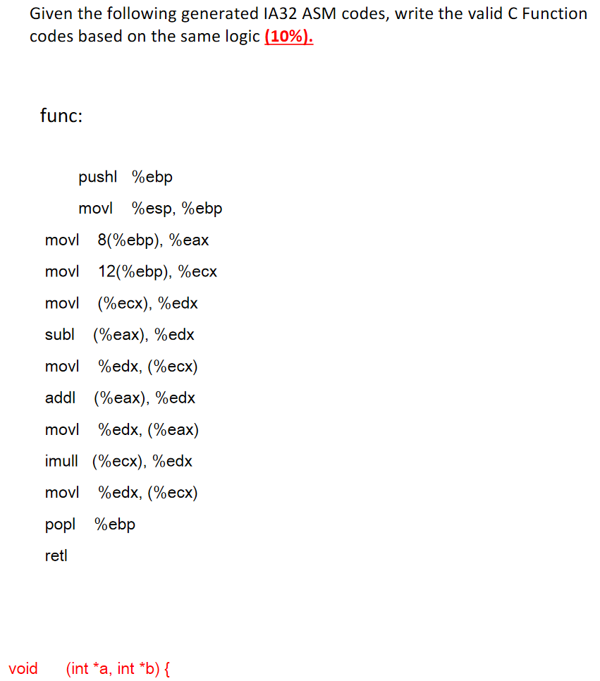 Solved Given the following generated IA32 ASM codes, write | Chegg.com