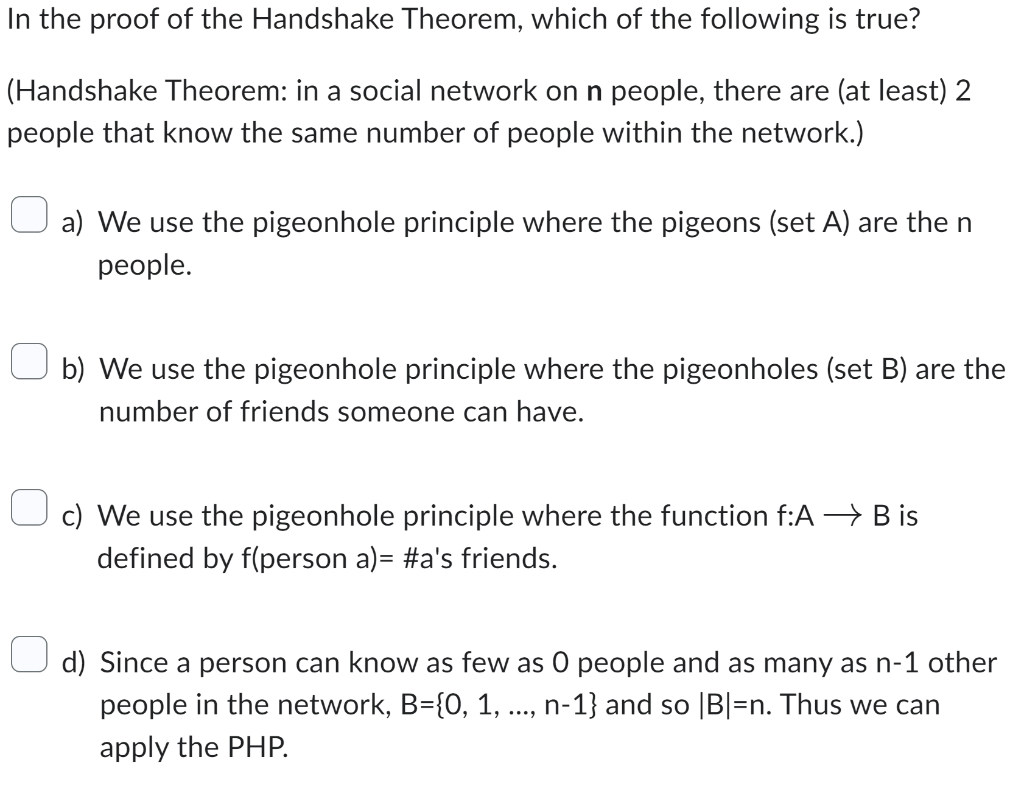 Solved 'Handshake Theorem: in a social network on n people, | Chegg.com