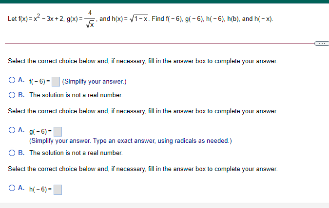 Solved Let f(x)=x2-3x+2, g(x)= Vx and h(x)= 1-x. Find f(-6), | Chegg.com