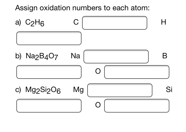 Solved Assign oxidation numbers to each atom: a) C2H6 C b) | Chegg.com
