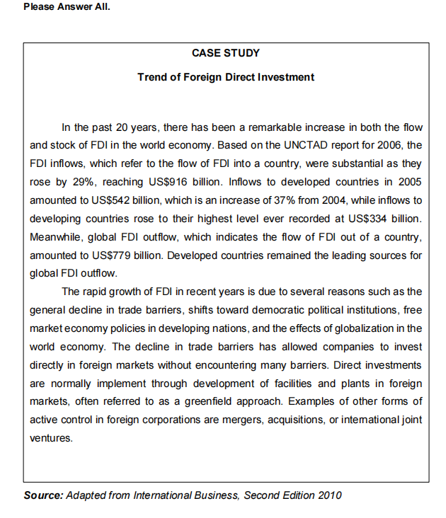 Solved CASE STUDY Trend of Foreign Direct Investment In the | Chegg.com