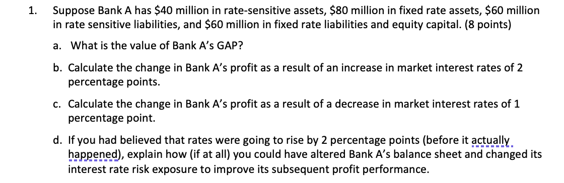 Solved 1. Suppose Bank A has $40 million in rate-sensitive | Chegg.com