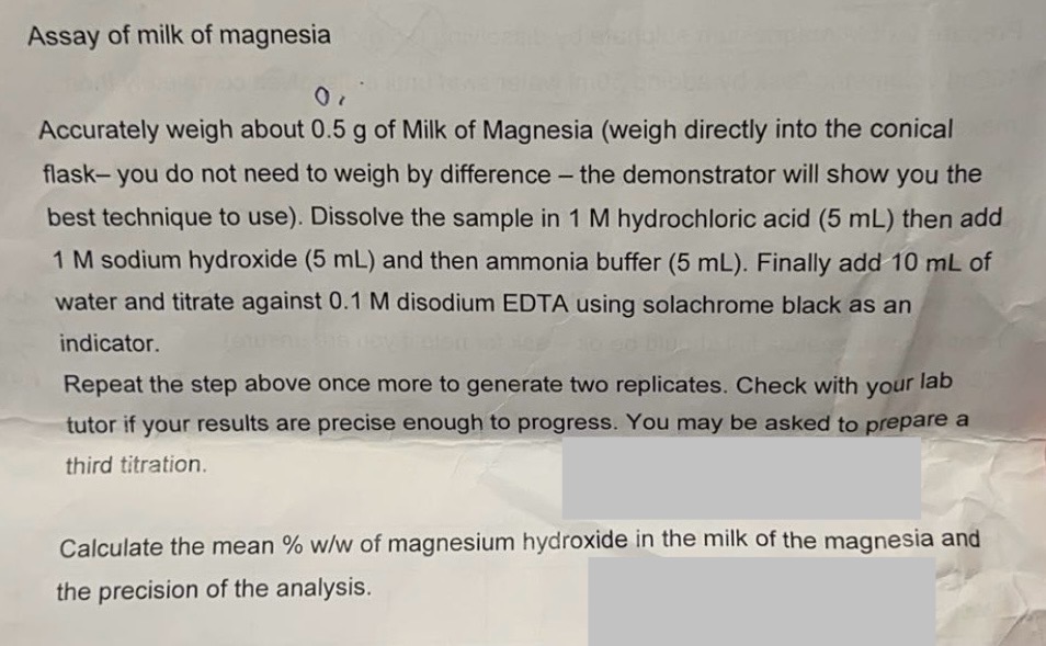 Assay on titration of milk of magnesia with 0.05M | Chegg.com
