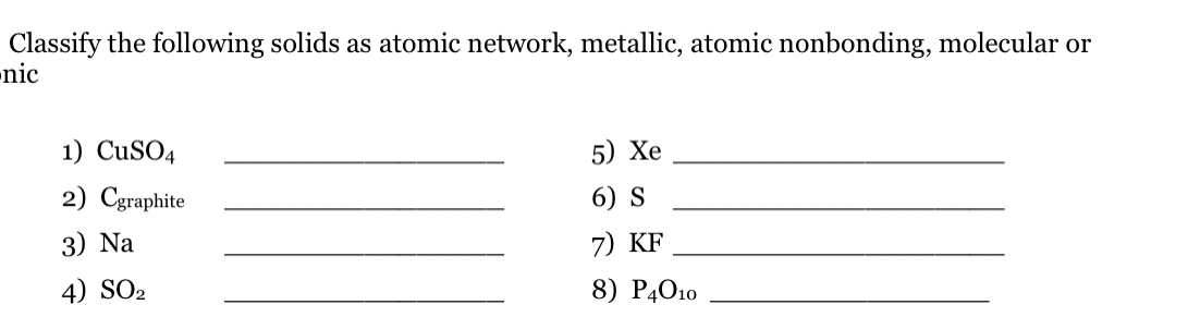 Solved Classify the following solids as atomic network, | Chegg.com