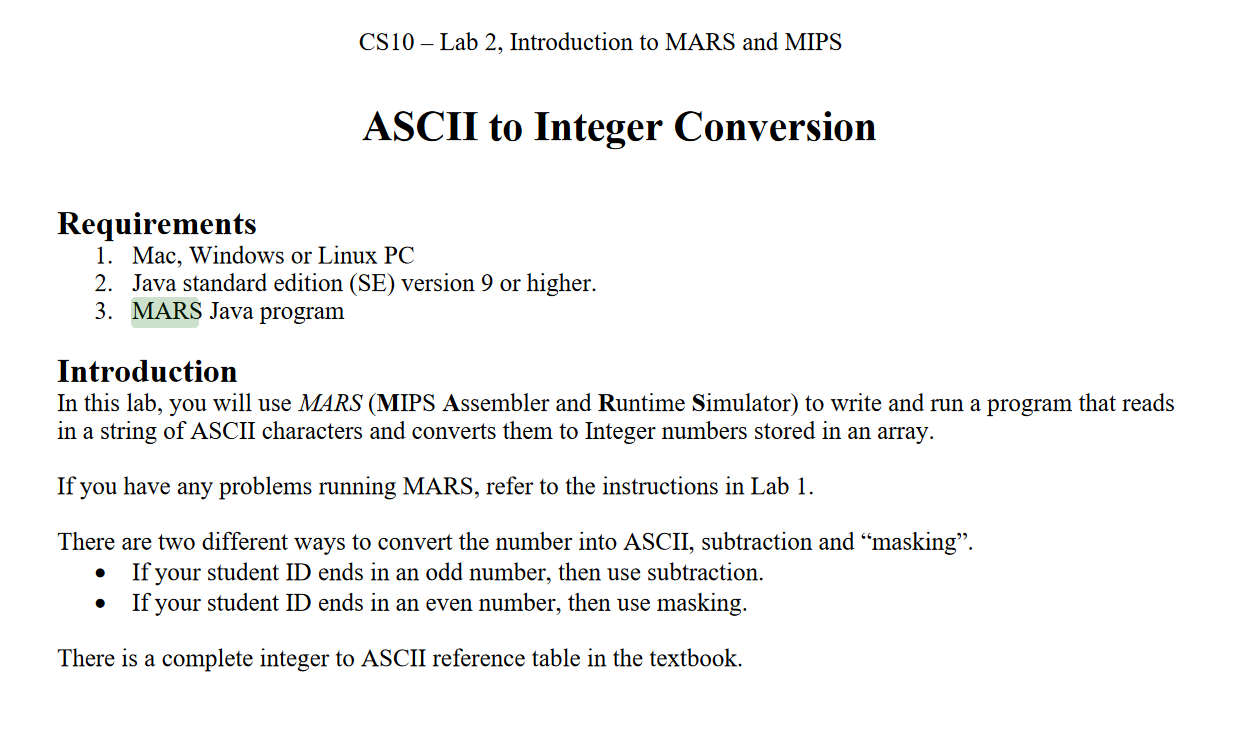 Solved CS10 - Lab 2, Introduction to MARS and MIPS ASCII to | Chegg.com
