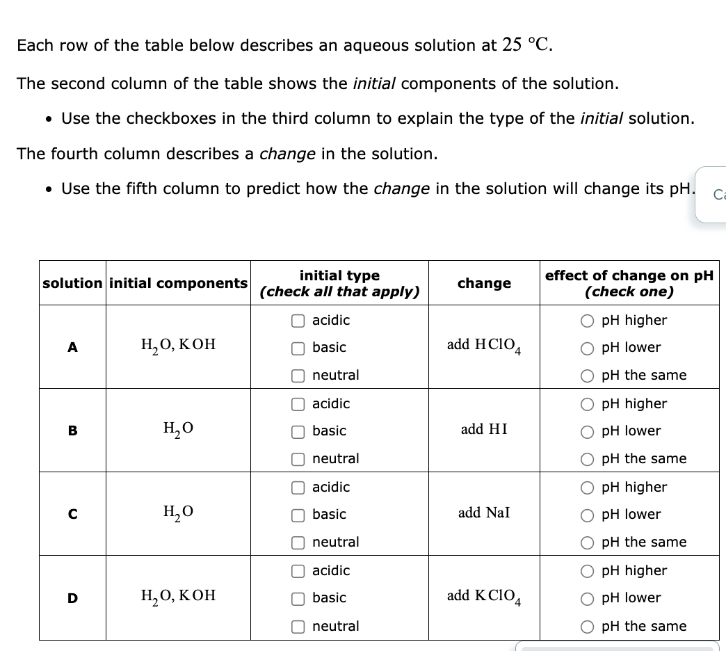 Solved Each row of the table below describes an aqueous | Chegg.com