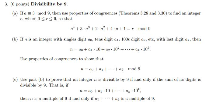 Solved 3. (6 points) Divisibility by 9. (a) If a = 3 mod 9, | Chegg.com