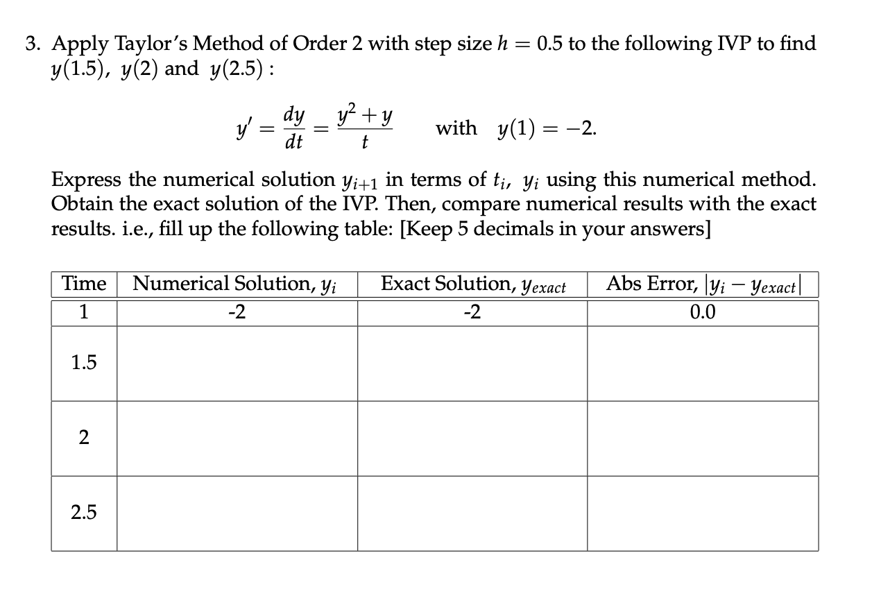 Solved 3. Apply Taylor's Method of Order 2 with step size h | Chegg.com