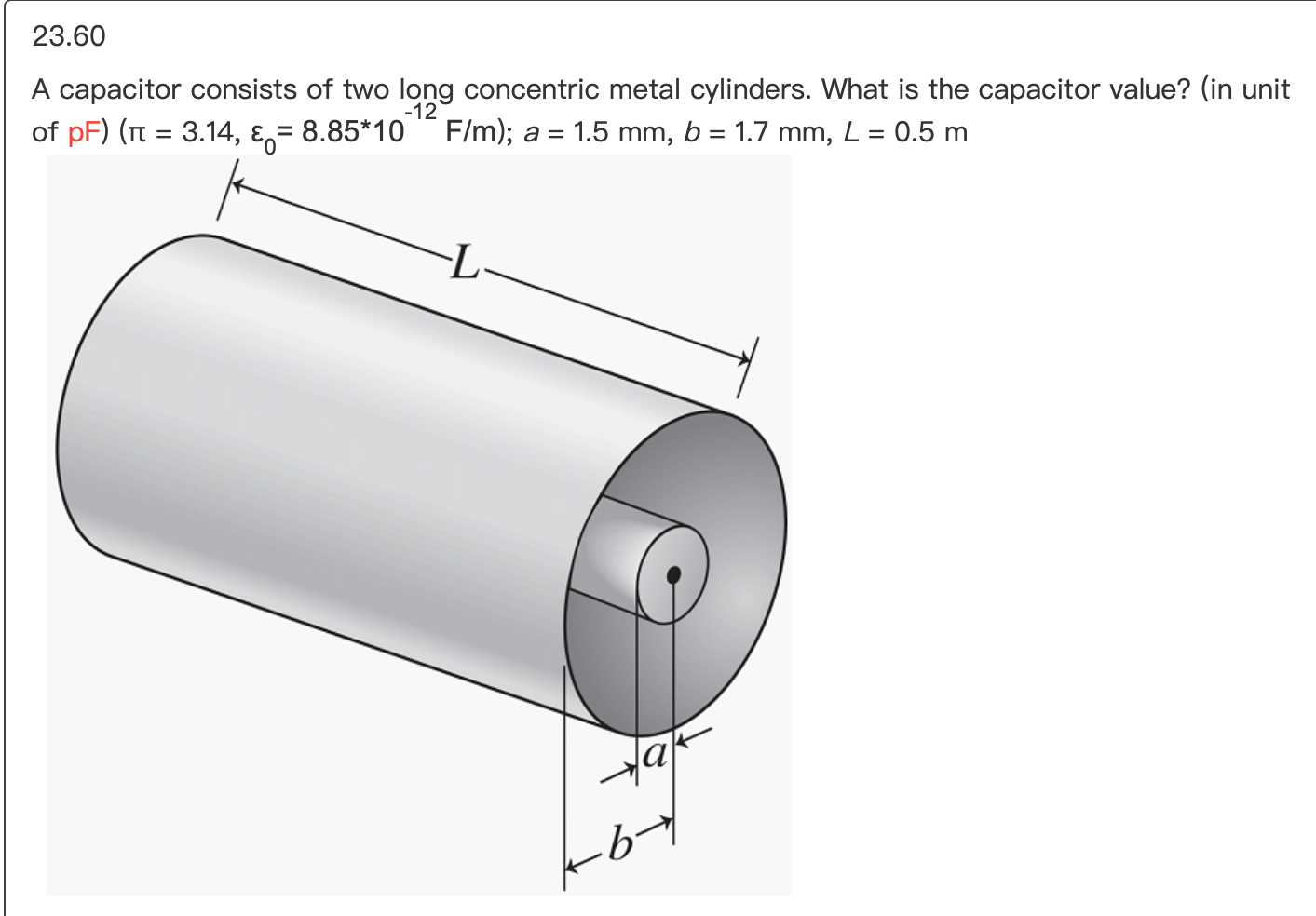 Solved 23.60 A capacitor consists of two long concentric | Chegg.com