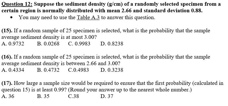 Solved Question 12: Suppose the sediment density (g/cm) of a | Chegg.com