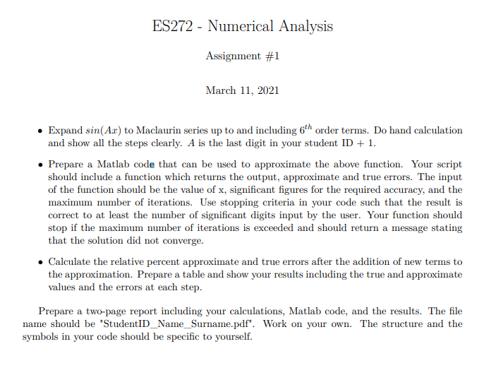 Solved ES272 - Numerical Analysis Assignment #1 March 11, | Chegg.com