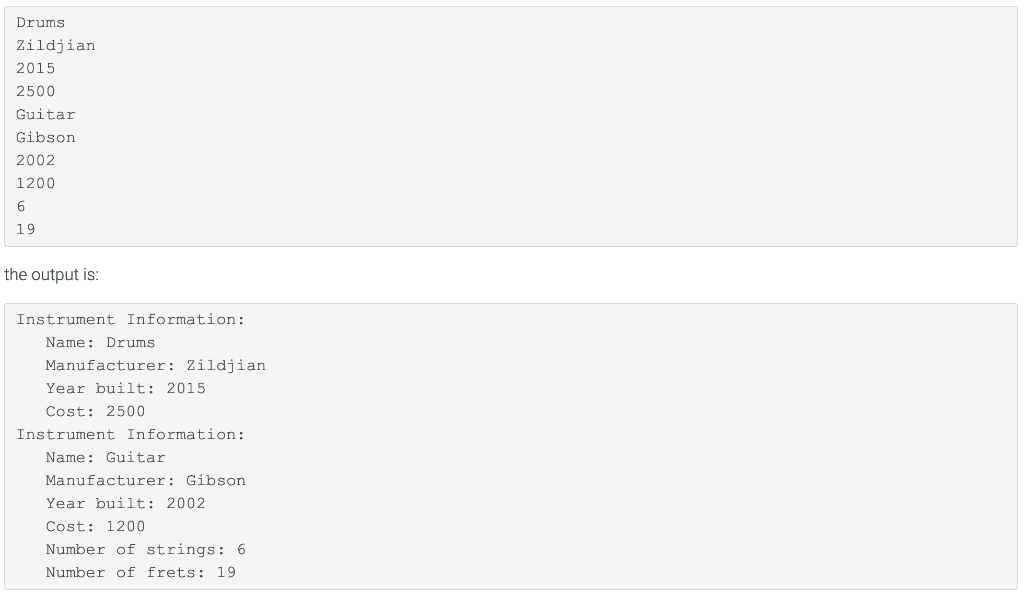 Solved 10.28 LAB: Instrument information Given main() and | Chegg.com