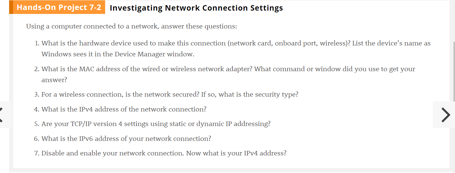 Hands-On Project 7-2 Investigating Network Connection | Chegg.com