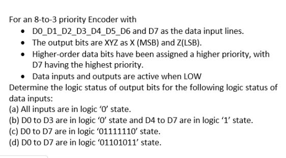 Solved For an 8-to-3 priority Encoder with • | Chegg.com