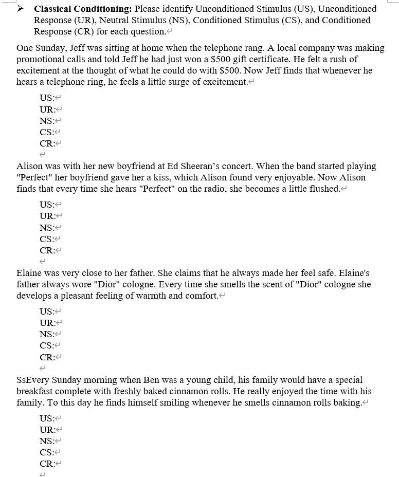 Solved Classical Conditioning: Please identify Unconditioned | Chegg.com