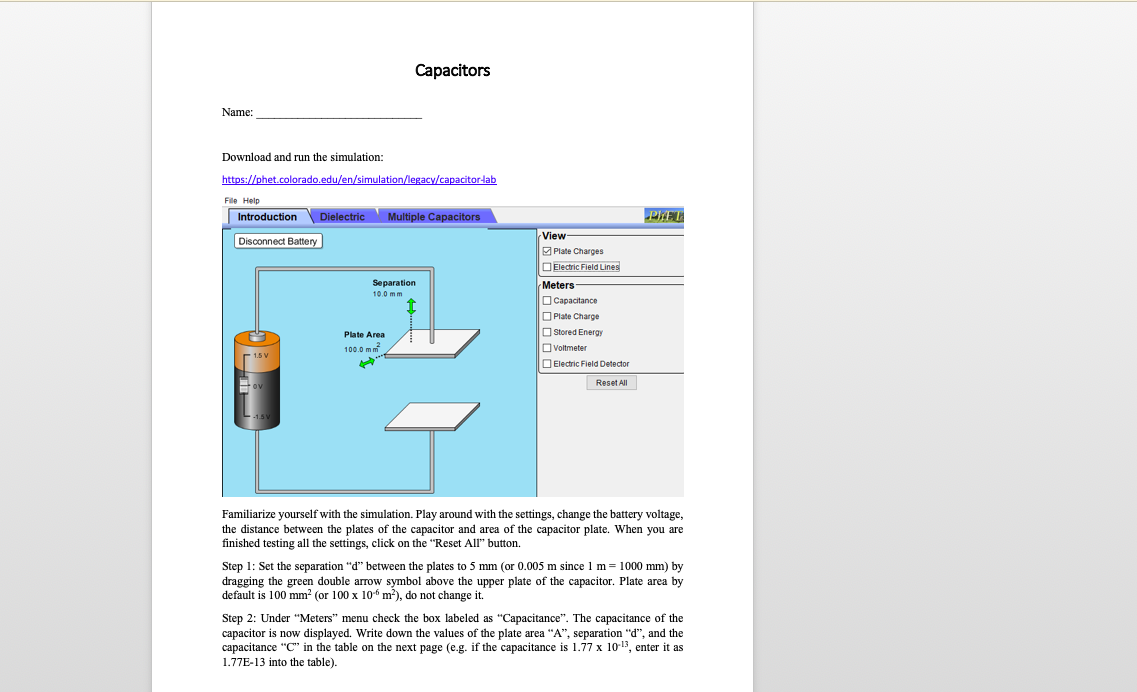 Capacitors Name: Download And Run The Simulation: ... | Chegg.com