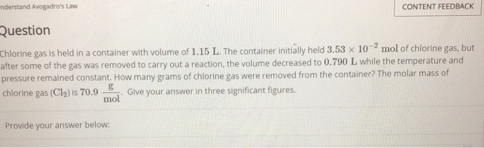 Solved nderstand Avogadro's Law CONTENT FEEDBACK Question | Chegg.com