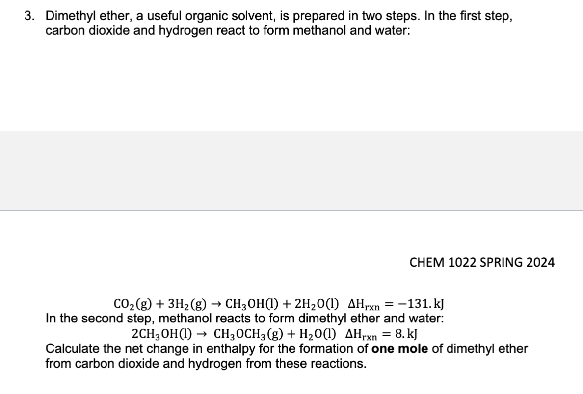Solved Dimethyl ether, a useful organic solvent, is prepared | Chegg.com