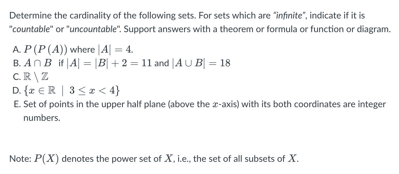Solved Determine the cardinality of the following sets. For | Chegg.com