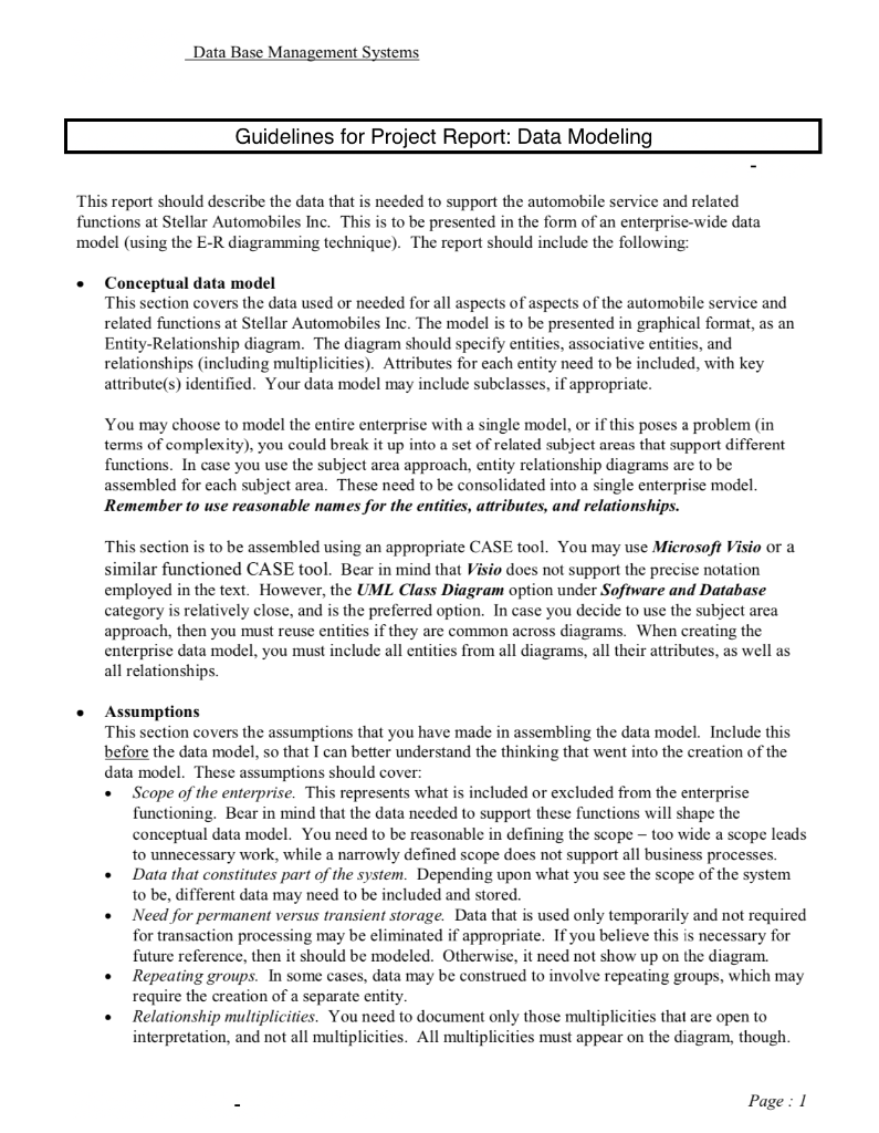 Data Base Management Systems Guidelines for Project | Chegg.com