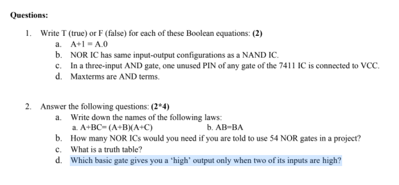 Solved Questions: 1. Write T (true) or F (false) for each of | Chegg.com