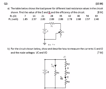 Solved 02: [15 M) a) The table below shows the load power | Chegg.com