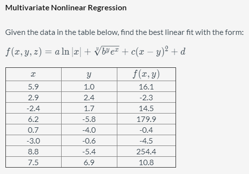 Solved Multivariate Nonlinear Regression Given the data in | Chegg.com