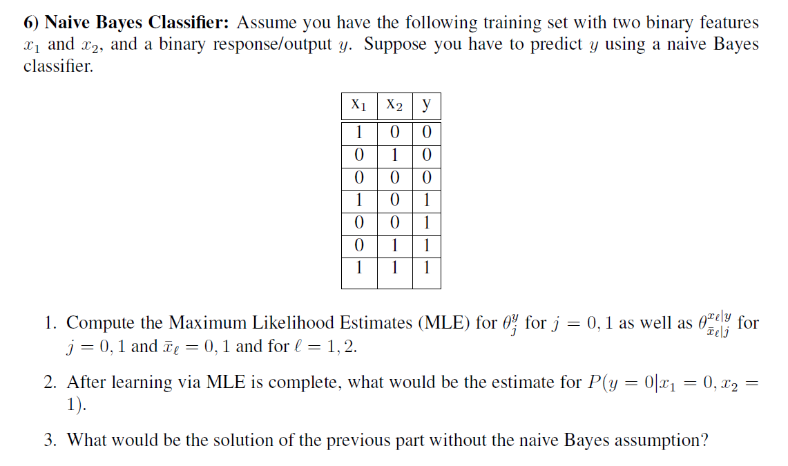 6) Naive Bayes Classifier: Assume you have the | Chegg.com