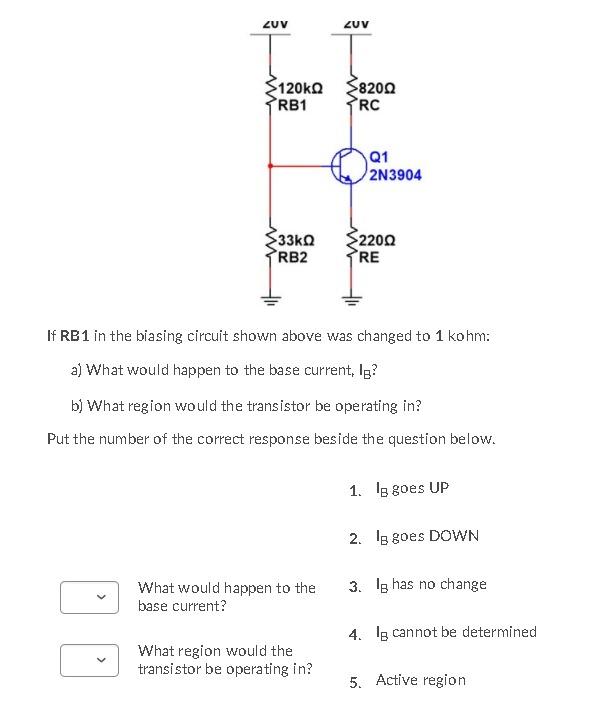 Solved ZUV 20v 120kΩ $8200 RB1 RC Q1 2N3904 33kΩ RB2 2200 RE | Chegg.com