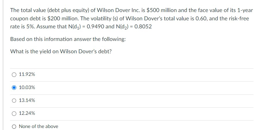 Solved The total value (debt plus equity) of Wilson Dover | Chegg.com