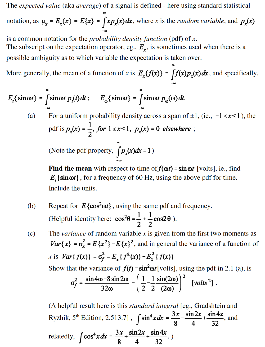 Solved The expected value (aka average) of a signal is | Chegg.com