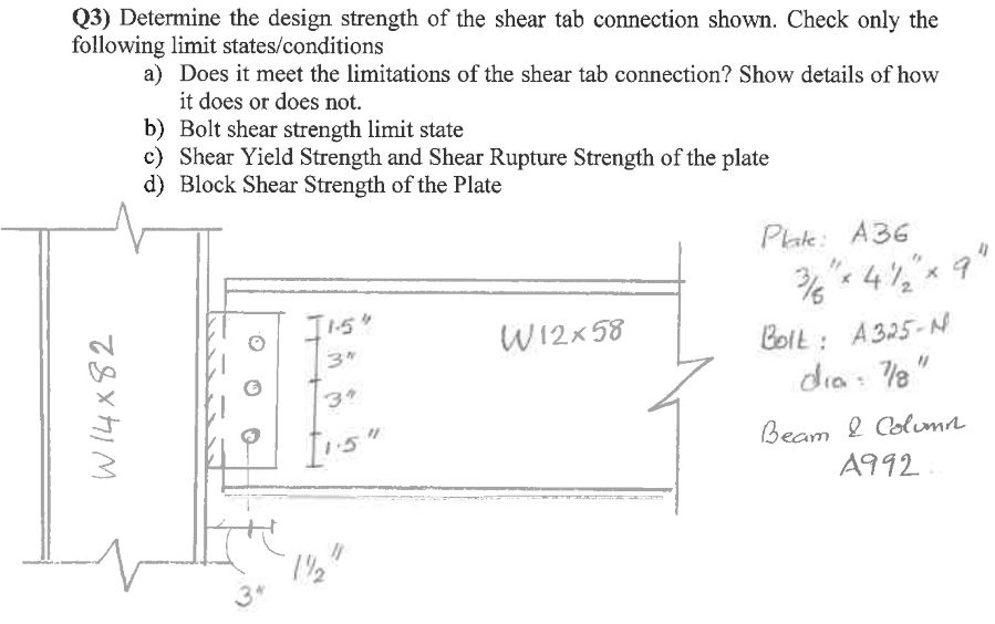 Solved Q3) Determine the design strength of the shear tab | Chegg.com